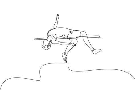 Premium Vector One Continuous Line Drawing Sporty Man Success To Pass The Bar On High Jump