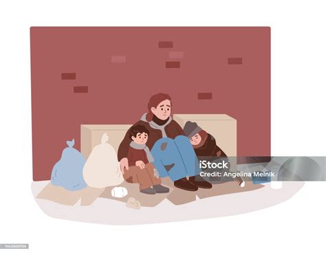 거리에 사는 노숙자들 아이들과 함께 땅에 앉아 있는 여자 갈 곳이 없습니다 실업자 배고픈 가난한 성격 금융 위기 빈곤 비싼 높은