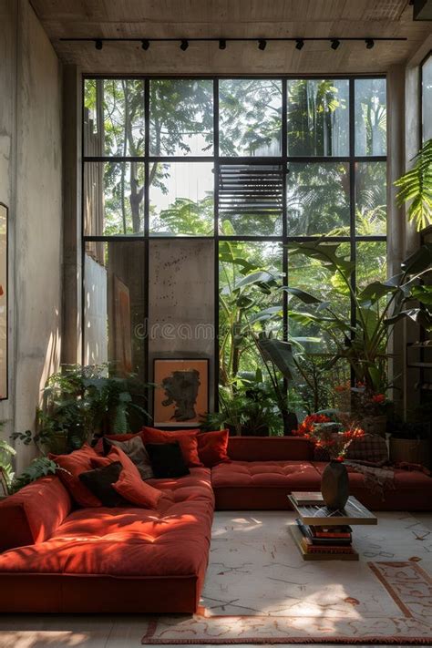 Modern Living Room With A Red Couch Ample Windows And Wood Flooring