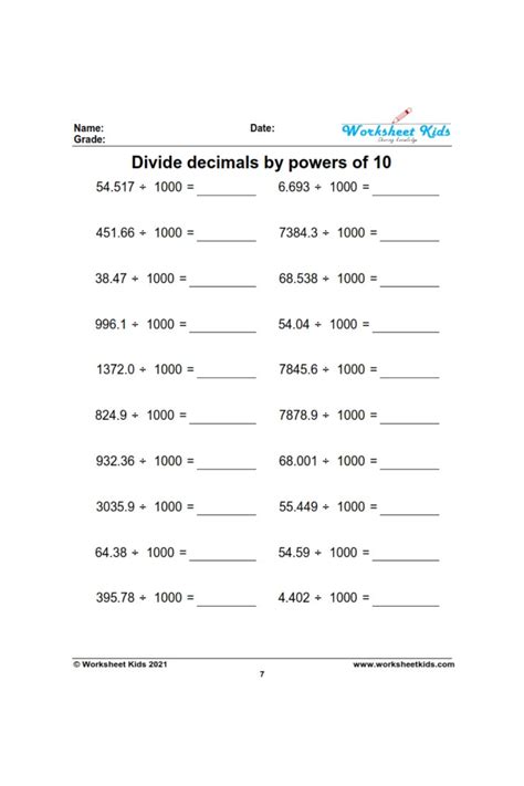 Dividing Decimals By Powers Of 10 Worksheets For 5th Grade Powers Of