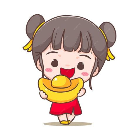 Premium Vector Cute Girl Holding Gold Ingot Celebrate Chinese New