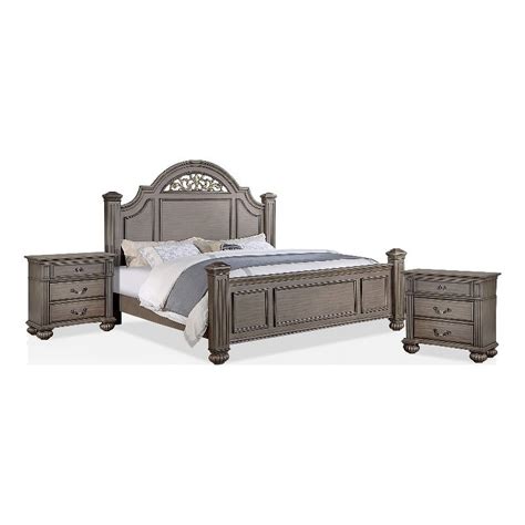 Foa Damos 3 Piece Gray Solid Wood Panel Bedroom Set Cal King 2 Nightstands