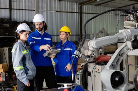 team engineer using remote robot controller operate standing at