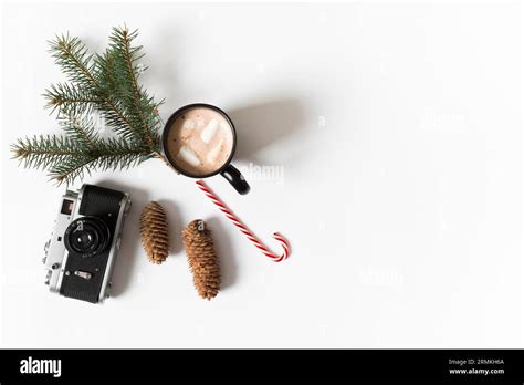 Coffee Cup With Green Fir Tree Branch Table Stock Photo Alamy