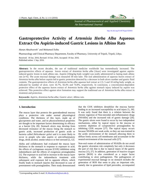Pdf Gastroprotective Activity Of Artemisia Herba Alba Aqueous Extract