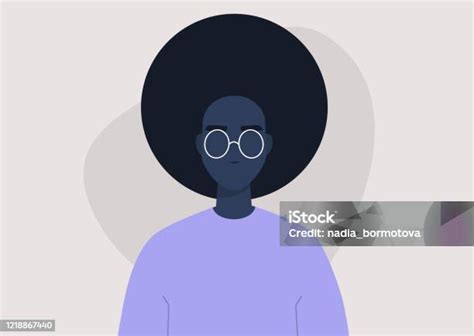젊은 흑인 여성 캐릭터 초상화 정면보기 밀레니엄 라이프 스타일 평면 벡터 그래픽 개체 그룹에 대한 스톡 벡터 아트 및 기타
