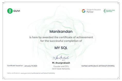 I Have Successfully Completed Mysql Course On Guvi Manikandan M