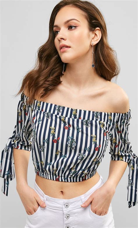 Off Shoulder Floral Print Striped Crop Blouse