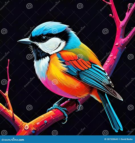 Chickadee Song Bird Tree Branch Perch Psychedelic Color Stock