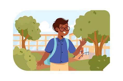 평면 만화 디자인의 사람 장면을 가진 학교 어린이 개념으로 돌아가기 소년은 학교에 간다 프리미엄 벡터