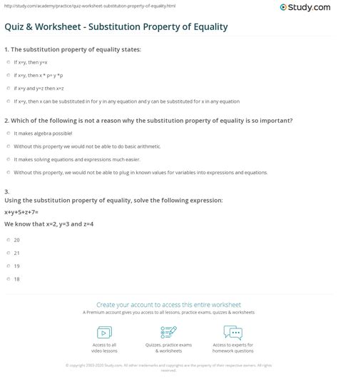 quiz and worksheet substitution property of equality