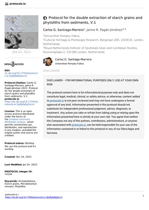 Pdf Protocol For The Double Extraction Of Starch Grains And Phytoliths From Sediments V 1 V1