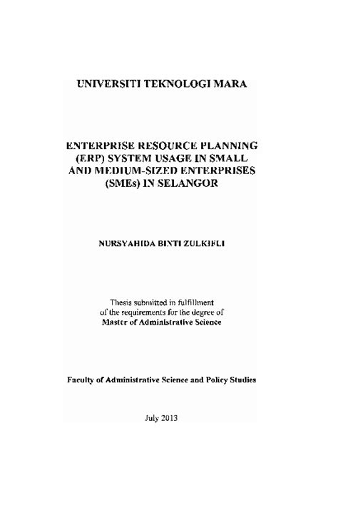 Pdf Universiti Teknologi Mara Enterprise Resource Planning Erp System Usage In Small And