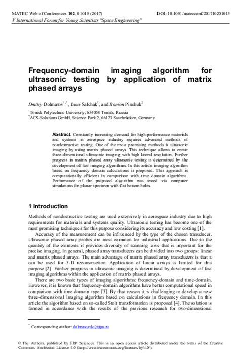 Pdf Frequency Domain Imaging Algorithm For Ultrasonic Testing By