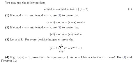 Solved You May Use The Following Fact A Mod N B Mod N Chegg Com