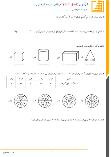 آزمون مدادکاغذی ریاضی کلاس سوم دبستان فصل 1 تا 7 گاما