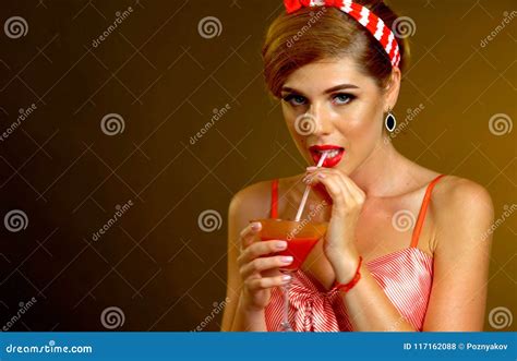 Pin Up Girl Drink Bloody Mary Cocktail Pin Up Retro Female Style Stock