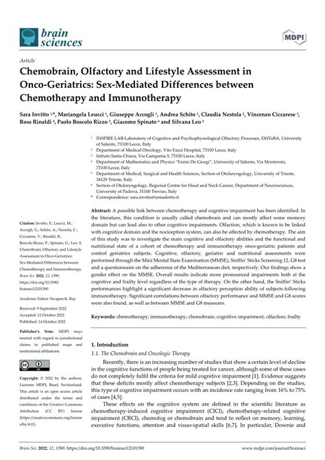 Pdf Chemobrain Olfactory And Lifestyle Assessment In Onco Geriatrics