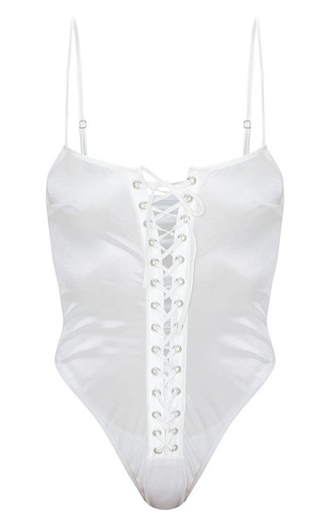 White Satin Lace Up Front Bodysuit Tops Prettylittlething