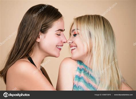 Portrait Beautiful Lesbian Couple Hugging Romantic Girl Friend Close
