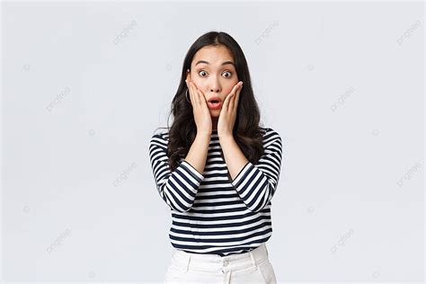 Womans Surprised Reaction On White Background Background Happy Lady