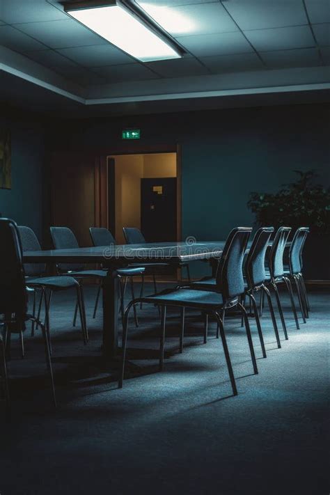 Classroom Interior With Empty Desks And Dim Lighting During Evening