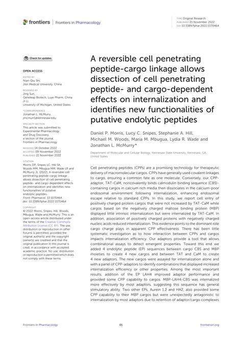 Pdf A Reversible Cell Penetrating Peptide Cargo Linkage Allows