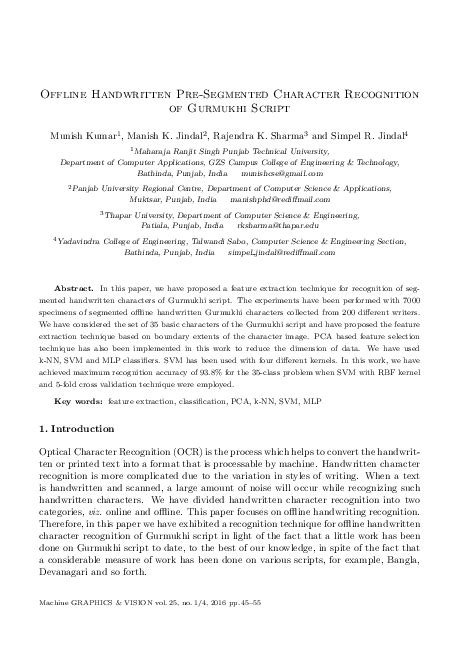 Pdf Offline Handwritten Pre Segmented Character Recognition Of