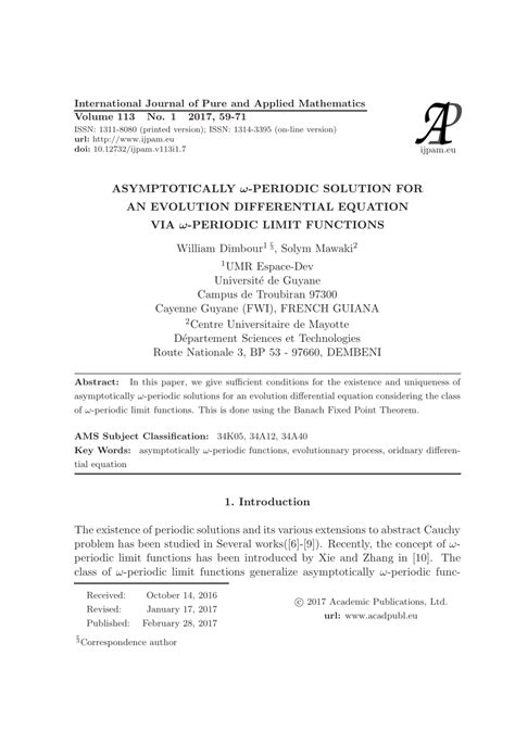 Pdf Asymptotically Omega Periodic Solution For An Evolution Differential Equation Via Omega