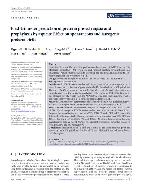 First‐trimester Prediction Of Preterm Pre‐eclampsia And Prophylaxis By