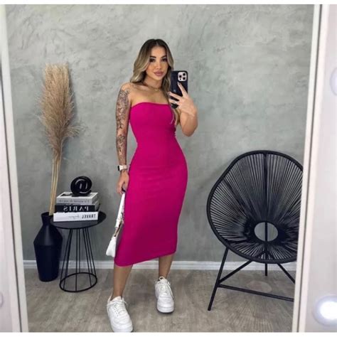 Vestido Midi Tomara Que Caia Canelado Tubinho Justo Ana Ruga