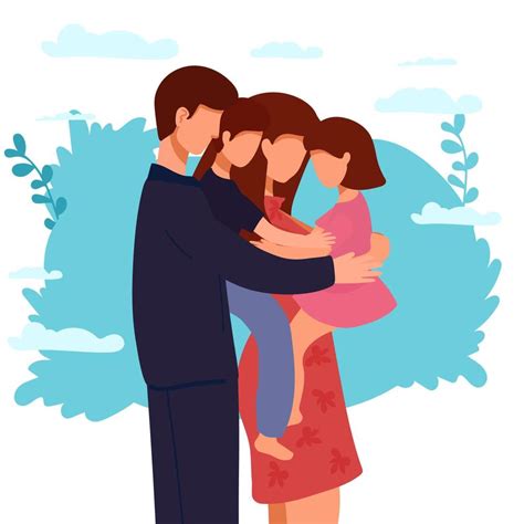 ilustração vetorial de uma família feliz mãe pai filha filho de mãos dadas e abraços vetor de