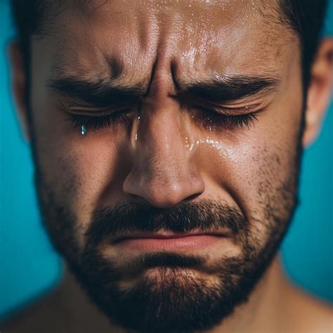 Sad Man Crying With Tears In Eye On Blue Background Teardrop On Face
