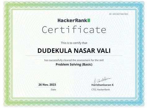 Earned Problem Solving Basic On Hackerrank Dudekula Nasar Vali