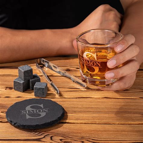 Personalized Engraved Monogram Whiskey Glass Set With Whiskey Stones