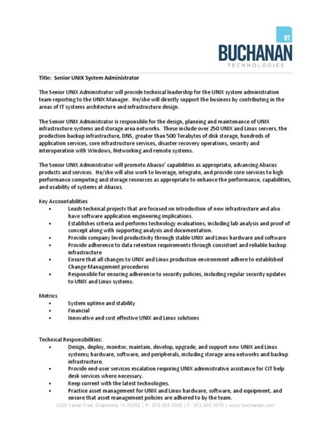 Sr Unix Administrator Job Description Pdf System Administrator