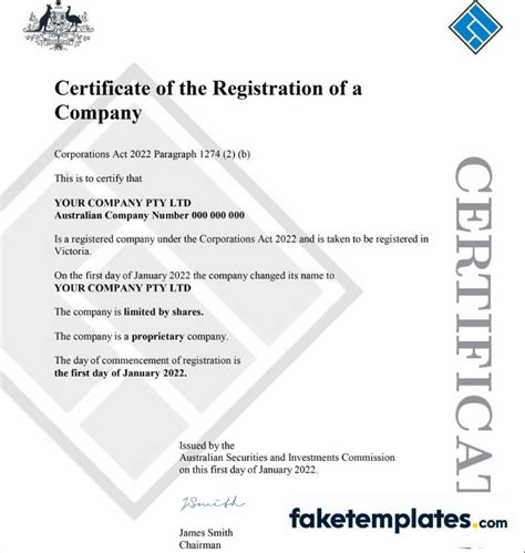 Fake Australiann Securities And Investments Commission S ASIC Certificate Of Company