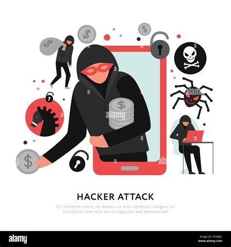 Hacker Attack Composition With Digital Robbery And Malware Icons On White Background Flat Vector