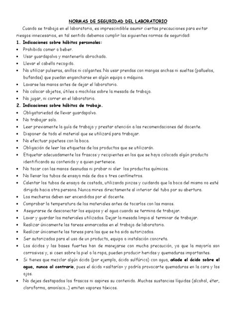 Normas De Seguridad En El Laboratorio Pdf Agua Laboratorios