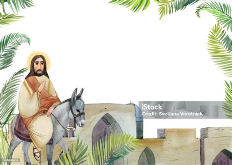 종려 주일 수채화 그림 예수 당나귀 야자수 가지 예루살렘에 그리스도 기독교 휴일 교회 간행물 인쇄물 성경 잡지 성 금요일에 대한