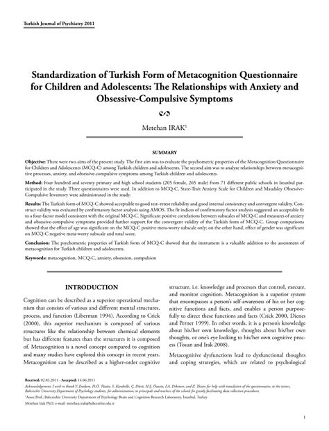 Pdf Adaptation Validity And Reliability Of The Metacognition Questionnaire 30 For The