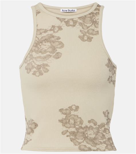 Printed Ribbed Knit Cotton Blend Tank Top In Green Acne Studios