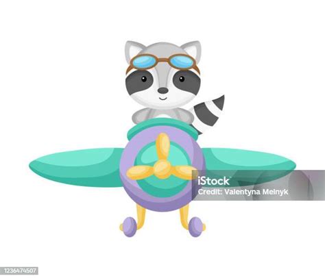 비행기를 비행 하는 에비에이터 고글을 착용 하는 귀여운 너구리 조종사 어린이 책 앨범 스크랩북 엽서 모바일 게임을위한 그래픽 요소 공휴일에 대한 스톡 벡터 아트 및 기타