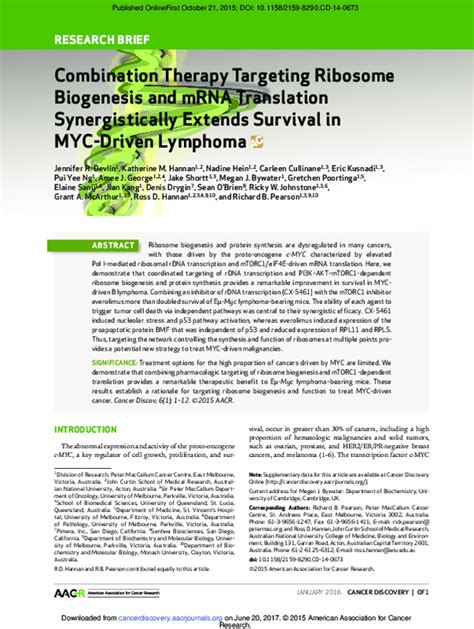 Pdf Combination Therapy Targeting Ribosome Biogenesis And Mrna Translation Synergistically