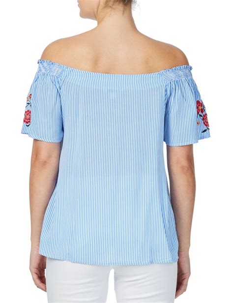 Rockmans Shortsleeve Off Shoulder Stripe Top Rockmans