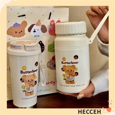 เฮกเช่ ถ้วยสูญญากาศ 500 1000มล การ์ตูนเนยหมีถ้วย สแตนเลสแบบพกพาดื่มขวดน้ําฉนวน Shopee Thailand