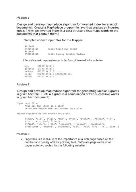 Map Reduce Exercise Problems Problem Design And Develop Map Reduce Algorithm For Inverted