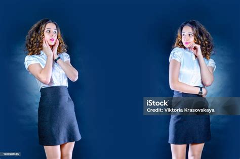 검은 배경에 멀리 찾고 전체 길이 젊은 비즈니스 여자 고립 된 샷 의 젊은 매력적인 갈색 머리 여성 응시 에 카메라 와 Shoked 표현 감정에 대한 스톡 사진 및 기타