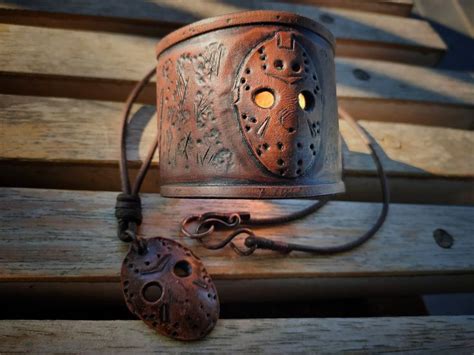 Jason Voorhees Leather Mask Cuff And Necklace Bracelet Hand Carving Hand