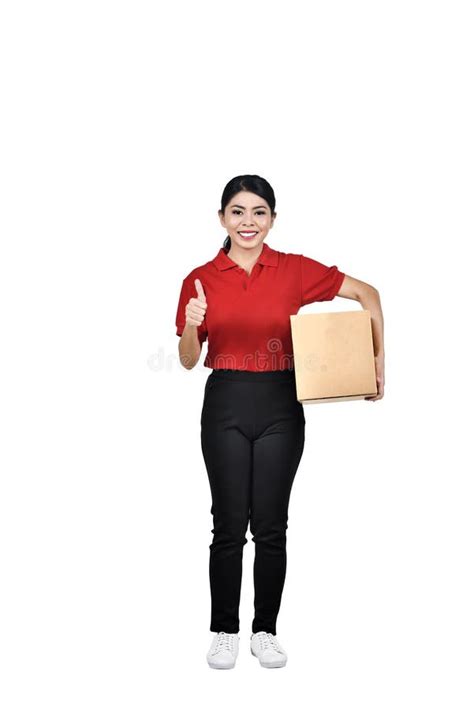 Beautiful Asian Delivery Woman With Package Showing Thumb Up Stock